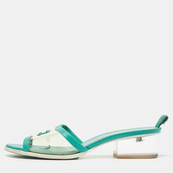 CHANEL | Shoes | Chanel Green Leather And Pvc Cc Slide Sandals Size 4 ...